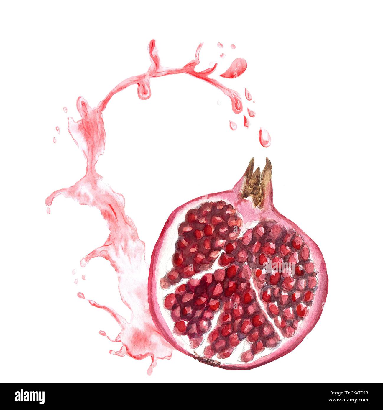 A pomegranate open with seeds splashing in a juice, rich textured ...