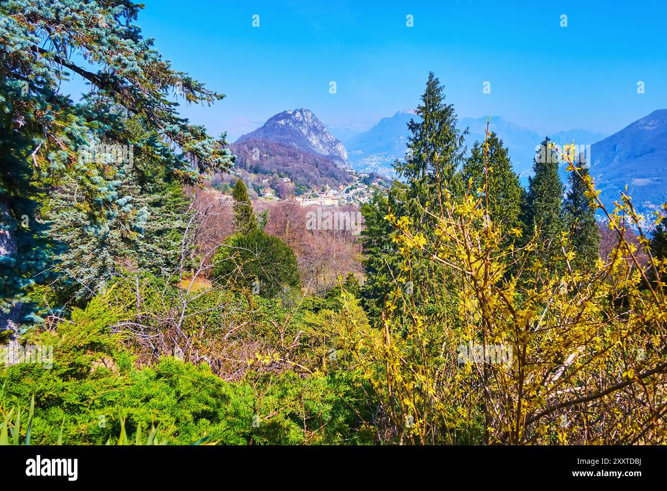The picturesque Alpine landscape with Monte San Salvatore behind the ...