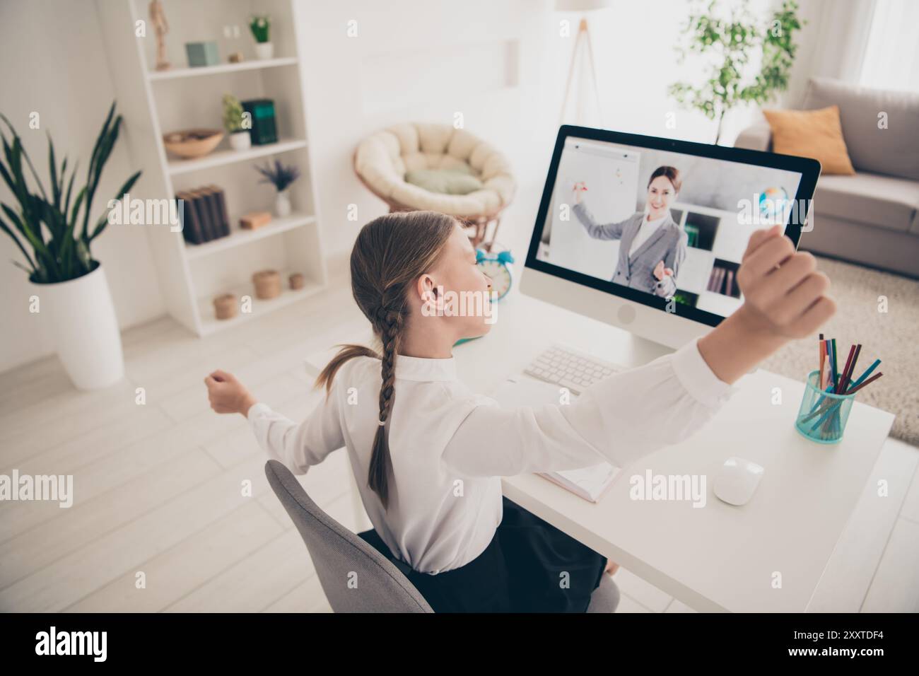Portrait of little girl study computer screen teacher desktop stretch ...