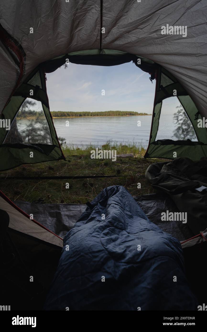 Wild camping in nature. Aegna island on a summer morning. View from a ...