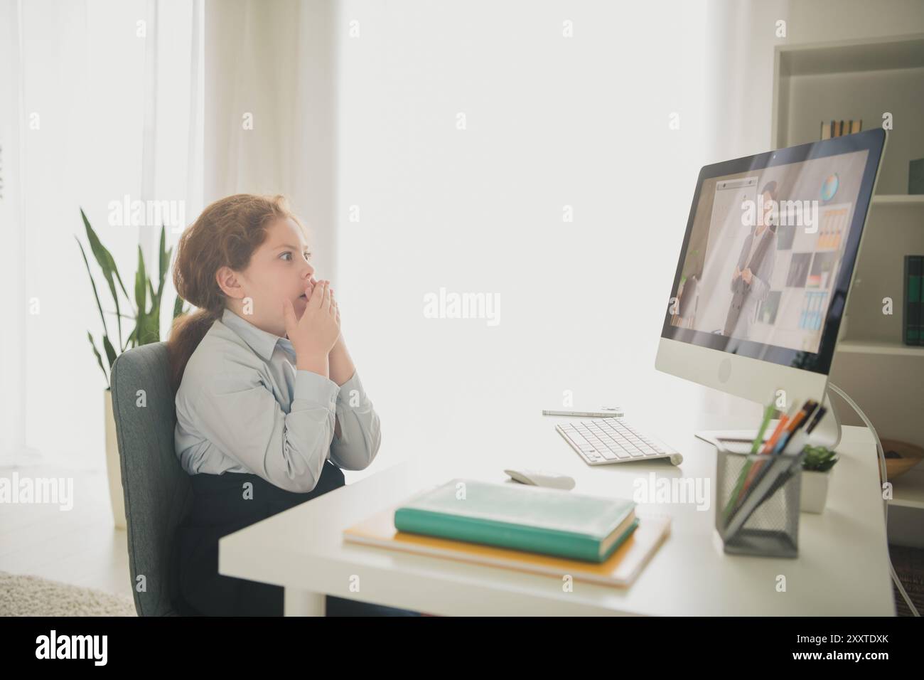 Photo of charming afraid scared girl learner hand cover mouth wearing ...