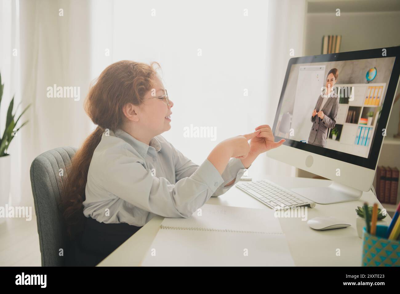 Photo of charming intelligent adorable cute girl learner wearing ...