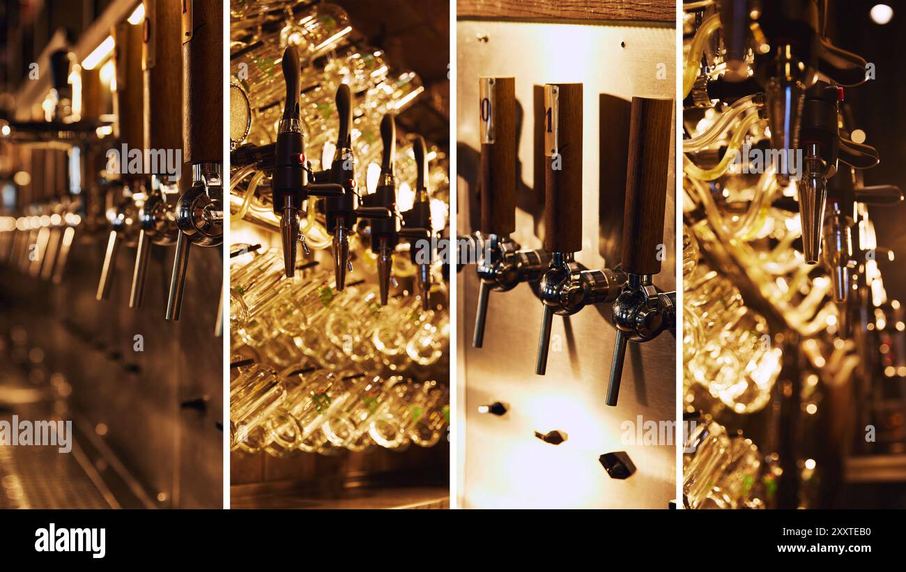 Beer taps against backdrop of stacked glasses, ready to serve. The ...