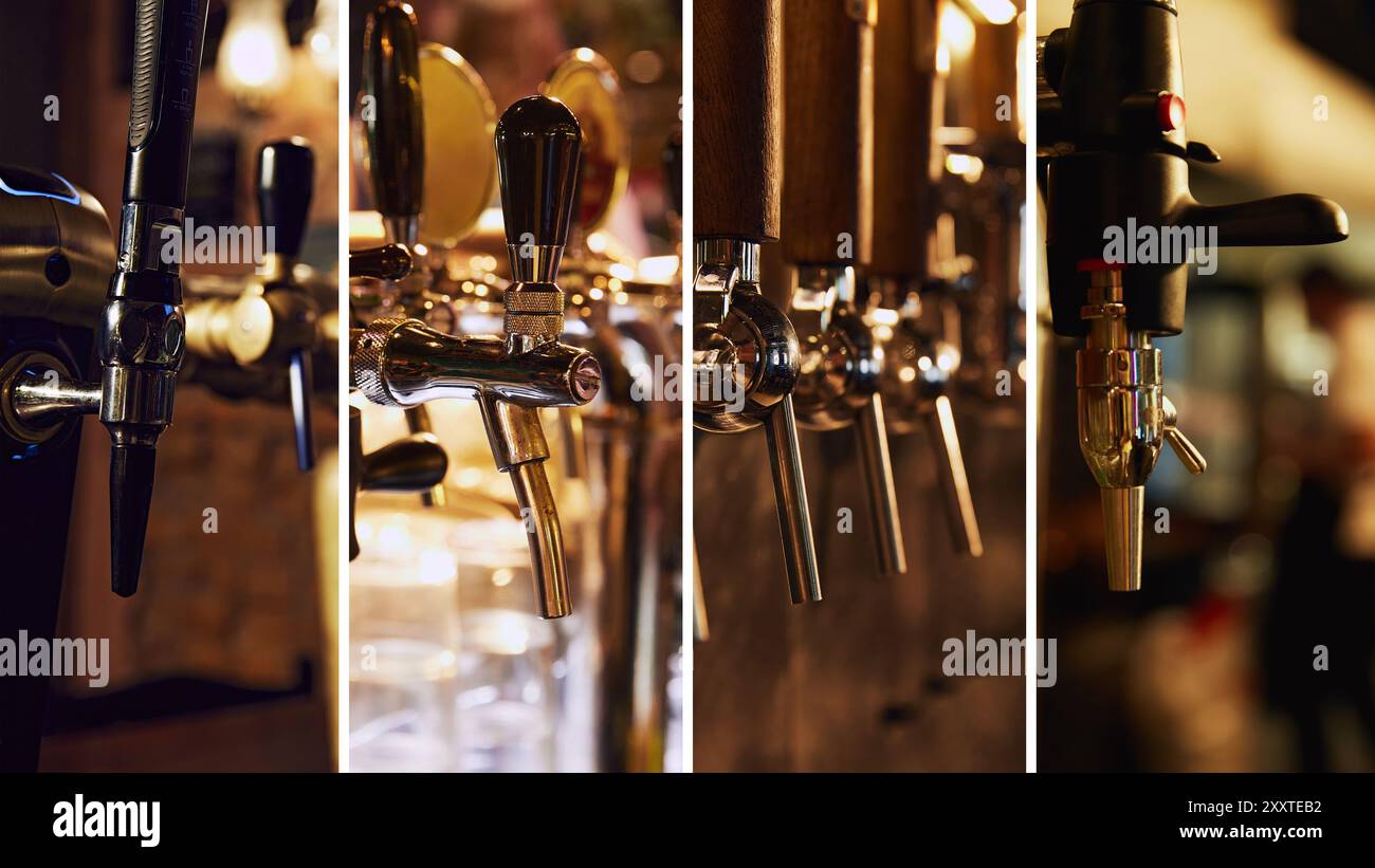 Close-up on various beer taps, highlighting metallic gleam and ...