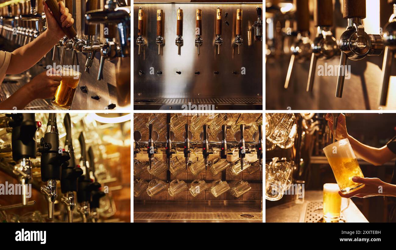 Collage of different beer taps in luxurious bar setting, featuring a ...