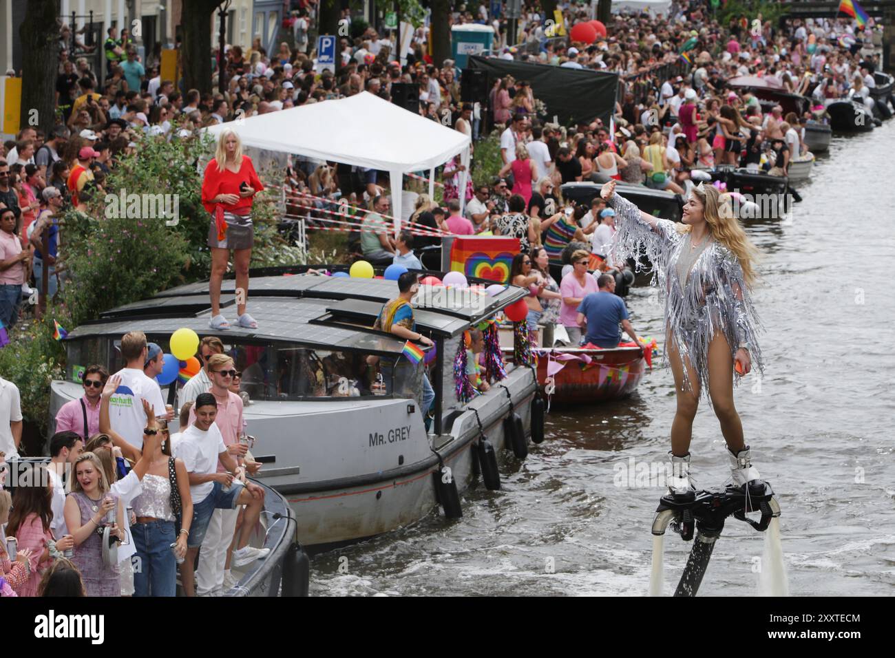 Revellers on the boat celebrates the LGBTQIA+ Canal Pride Parade on the ...