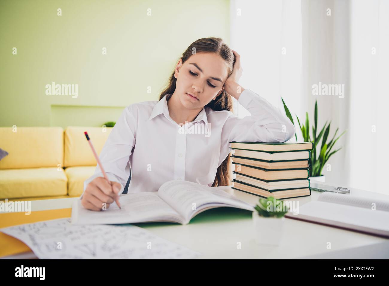 Photo portrait of cute teen schoolgirl tired sleepy do homework wear ...