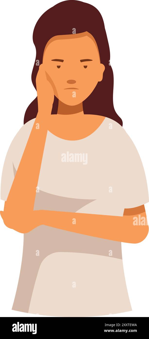 Young woman looking sad and discouraged, holding her face in her hand ...