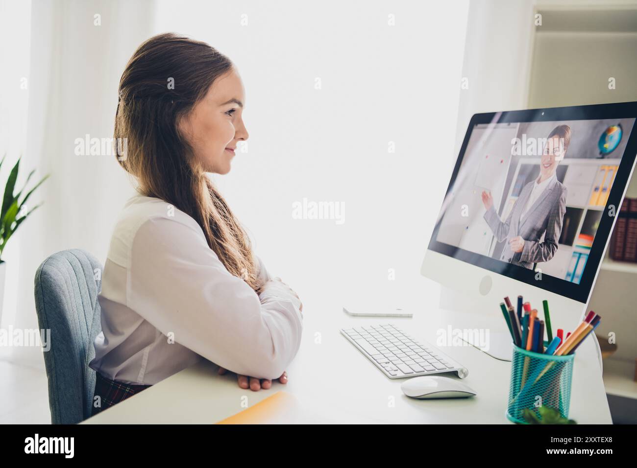 Photo portrait of teen cute daughter study online computer wear uniform ...