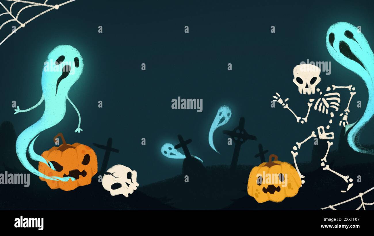 Ghosts and skeletons dance among glowing pumpkins and skulls ...