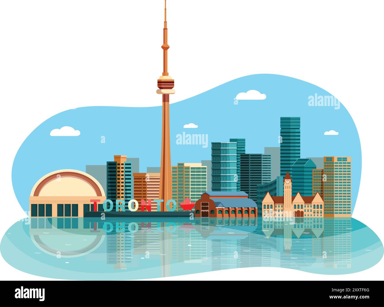 Colorful vector illustration of toronto skyline reflecting on water with its most famous ...