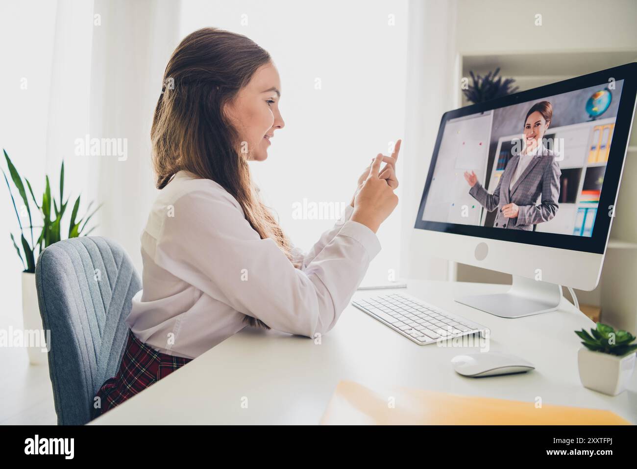 Photo portrait of cute adorable teen girl computer hold device ...