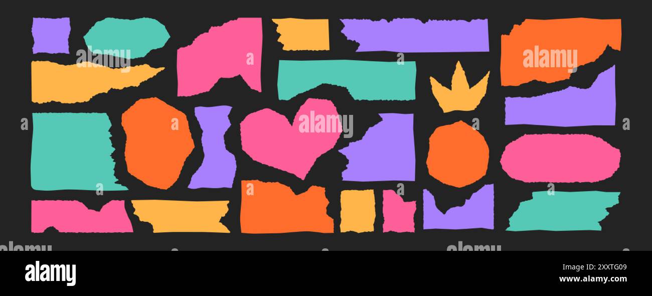 Set of colored torn paper. Pieces of note sheet with jagged edges ...