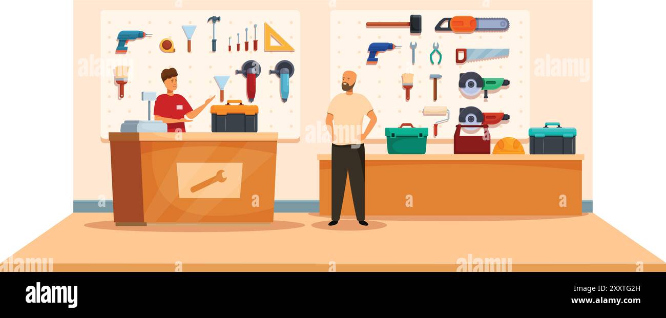 Hardware store seller standing behind counter assisting customer ...