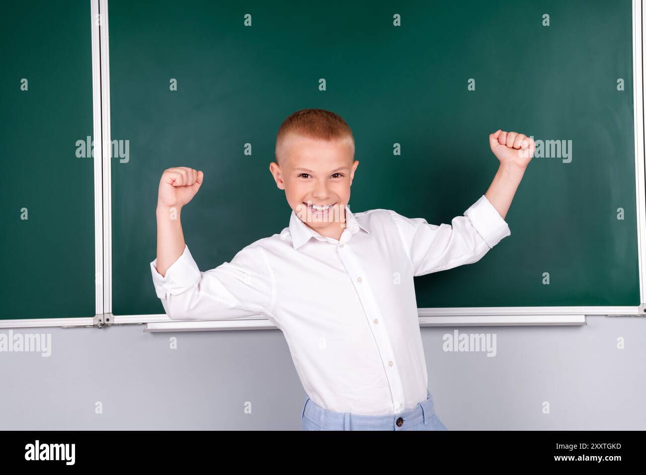 Photo of charming cute pretty diligent boy schoolkid learner standing ...