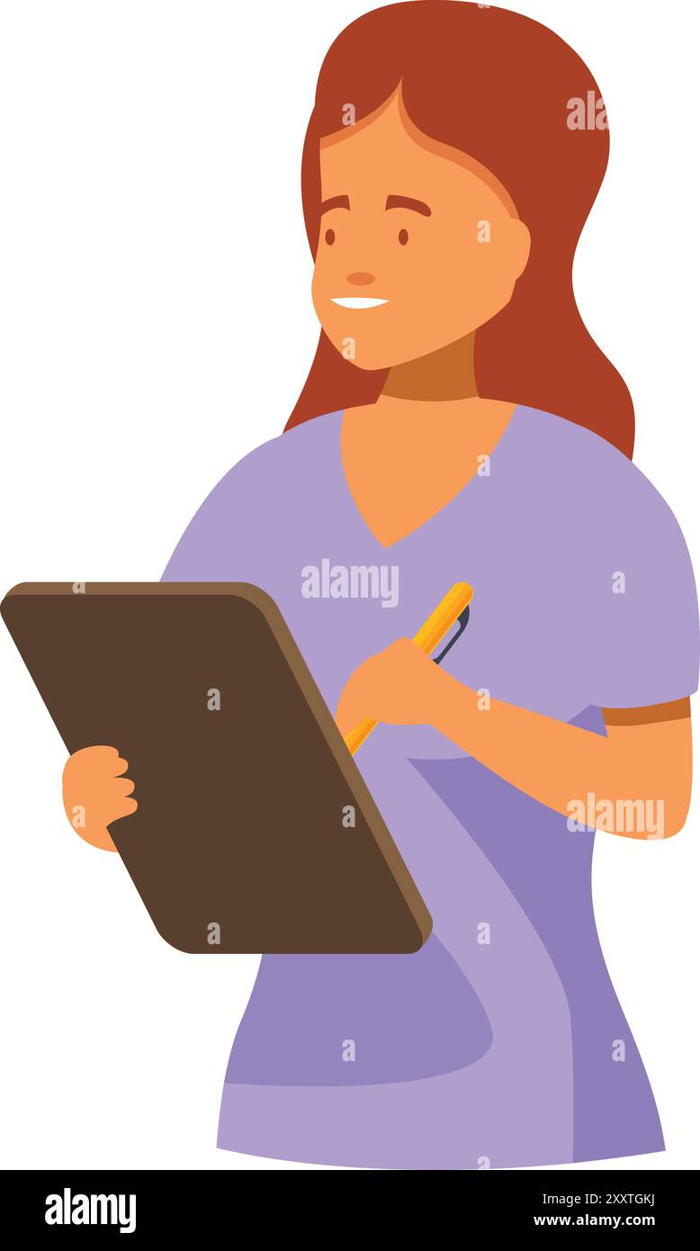 Female nurse taking notes on clipboard smiling wearing scrubs Stock ...