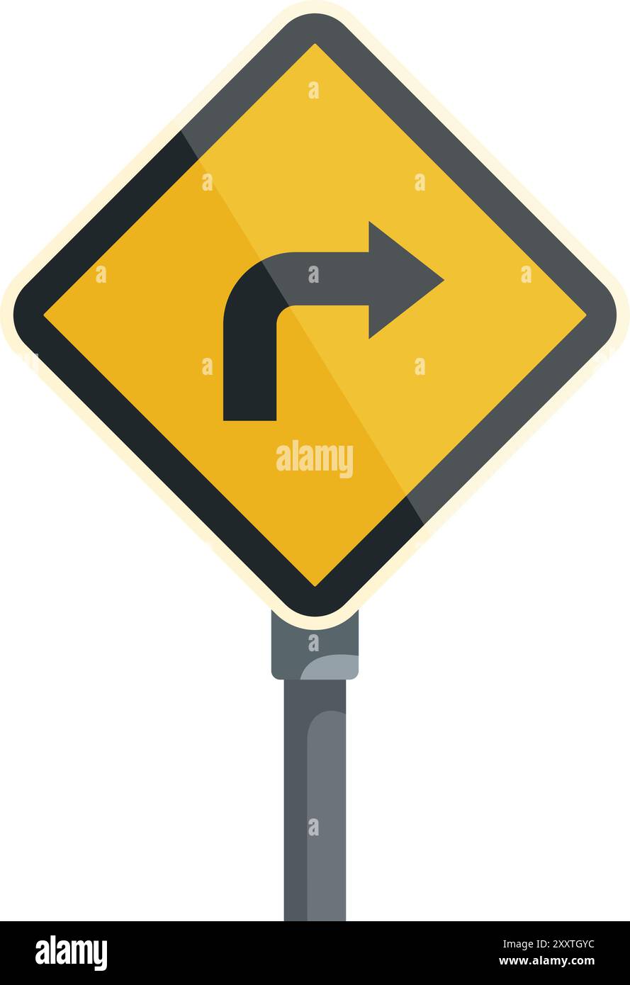 Yellow and black right turn road sign indicating the direction to ...