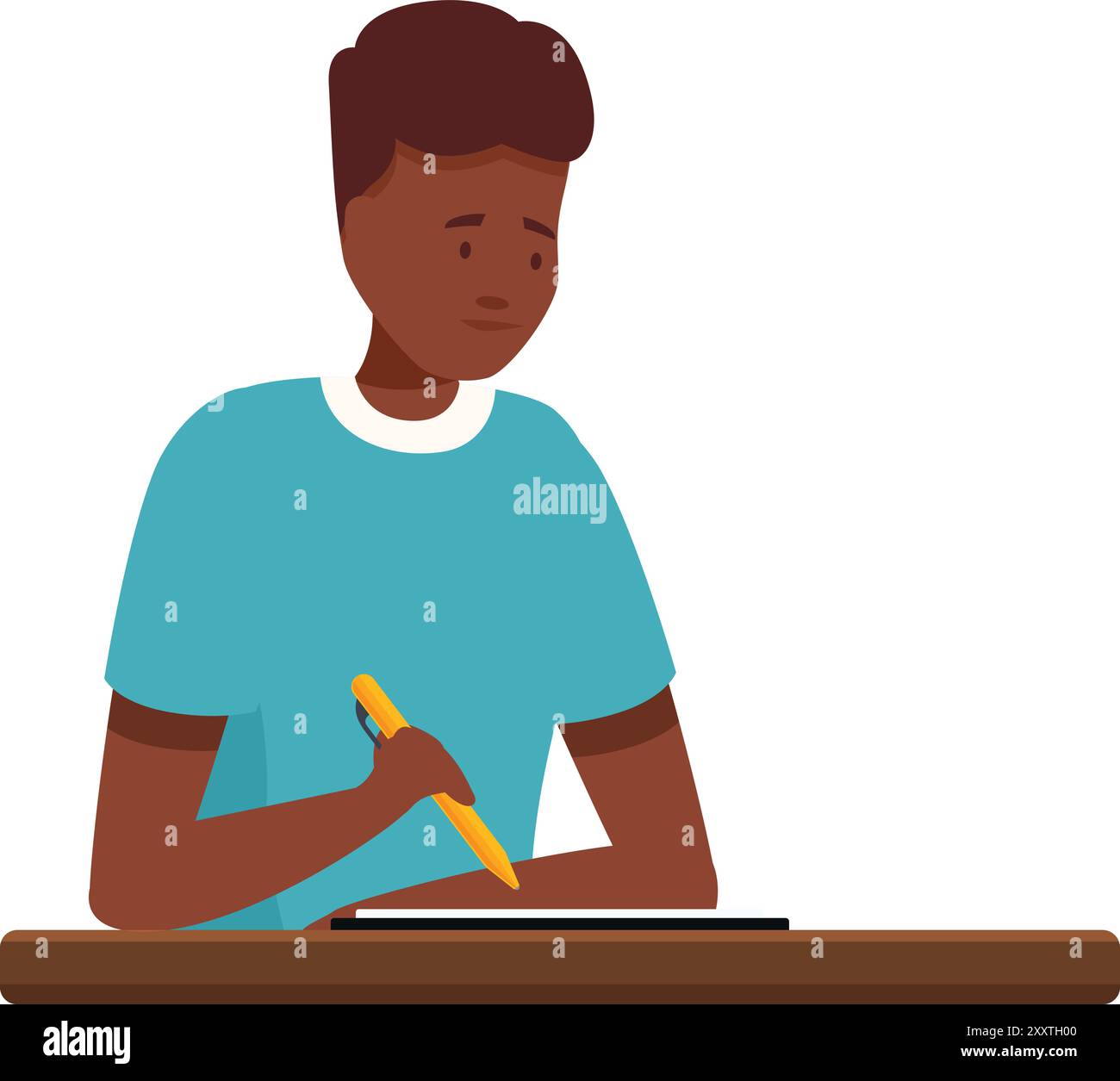 Young man is focused on his studies, taking notes with a pen and paper ...