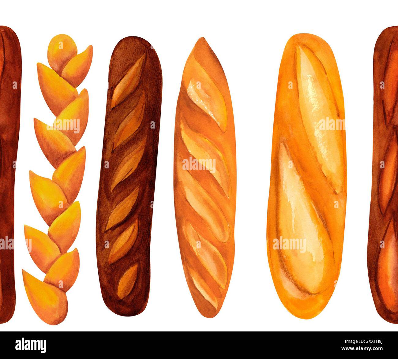 Wheat and rye baguette bread with sourdough, watercolor seamless ...