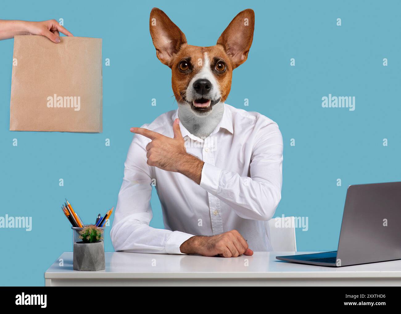 Dog-Headed Man Sitting at Desk Pointing at Brown Paper Bag Stock Photo ...