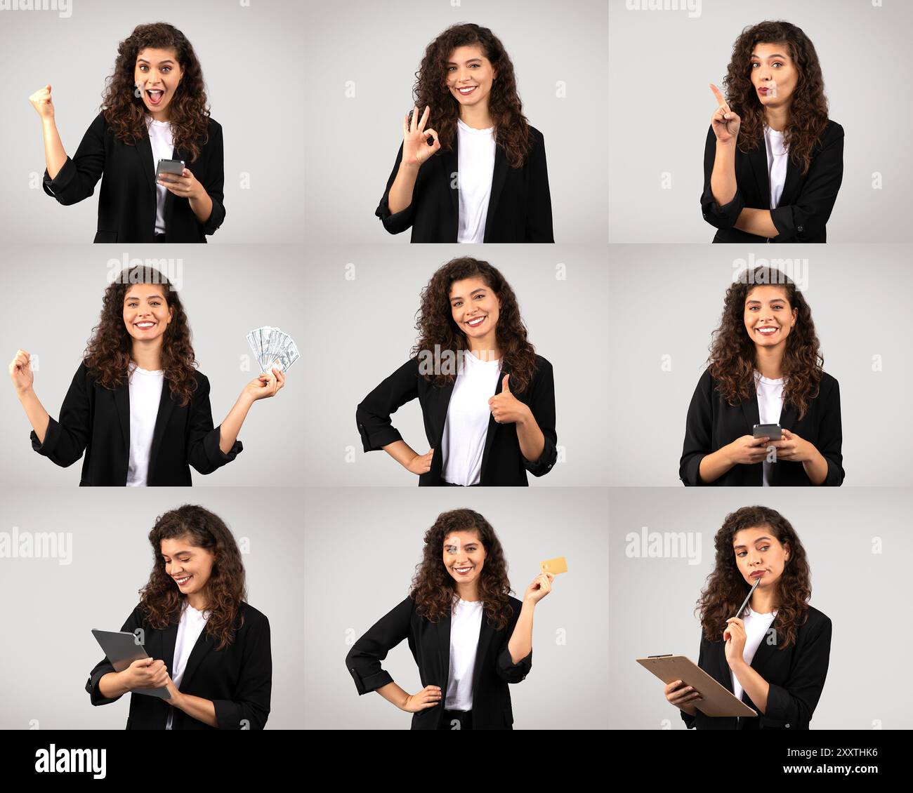 A Woman Expressing Various Emotions and Gestures in Studio Setting ...
