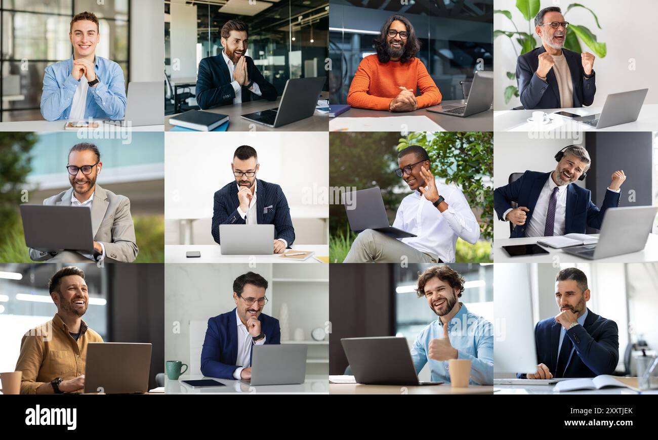 Diverse Group of Men Engaging in Online Meetings Stock Photo - Alamy