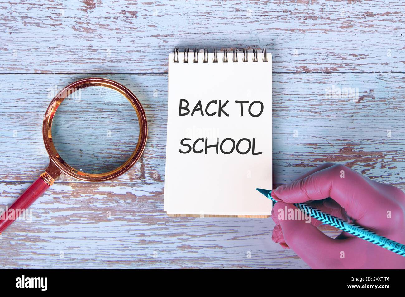 For backgrounds and presentations. The words Back to School in a notebook made by hand Stock ...