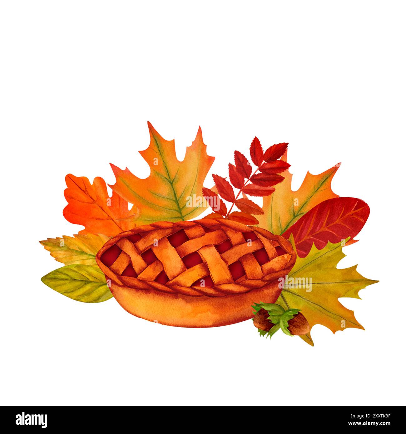 Apple baked pie and autumn leaves clip art, watercolor realistic ...