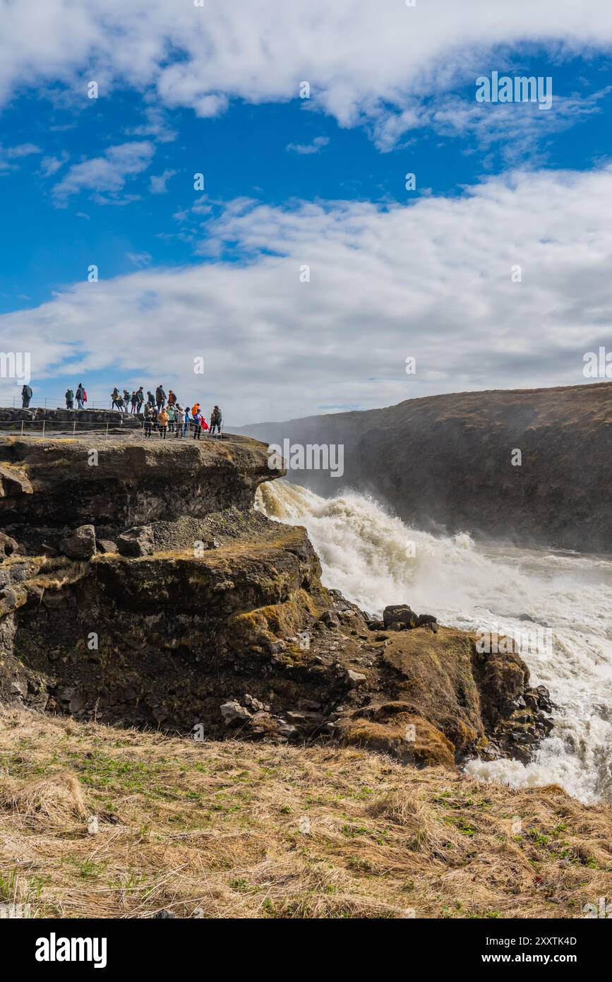 Iceland - Mai 26. 2024: Water cascades over gullfoss waterfalls on a ...