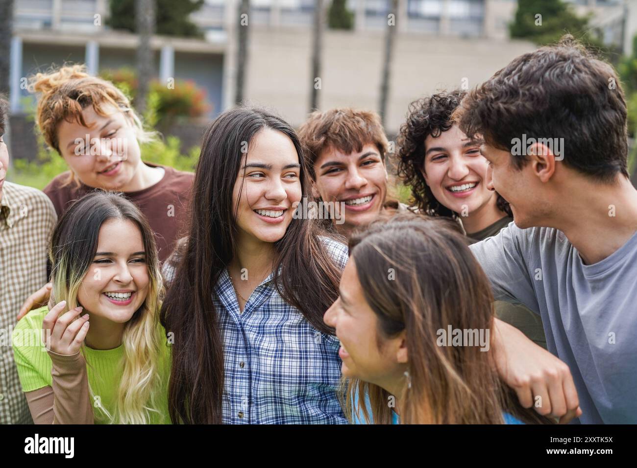 Young group of friends having fun outdoor with school university campus ...