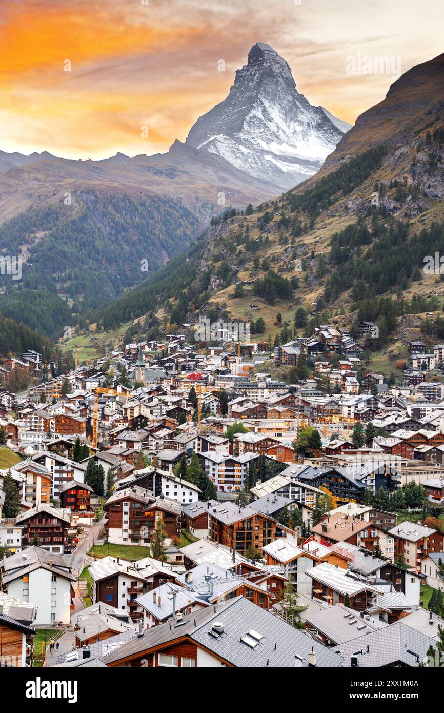 Zermatt, Switzerland Alpine Village with the Matterhorn at dusk Stock ...