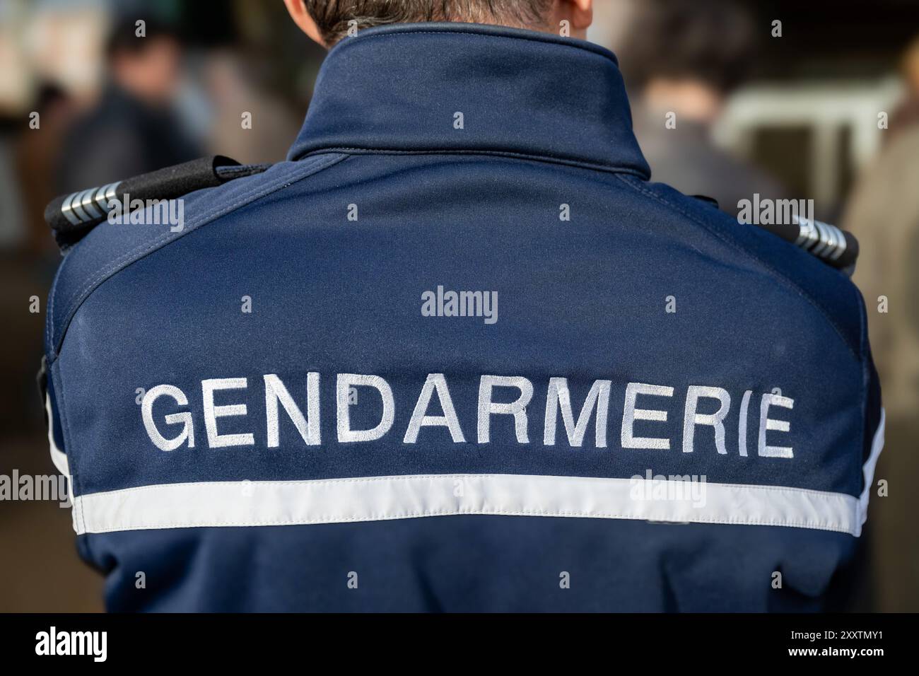 Gendarme on duty, back view, uniform with Gendarmerie logo Stock Photo ...