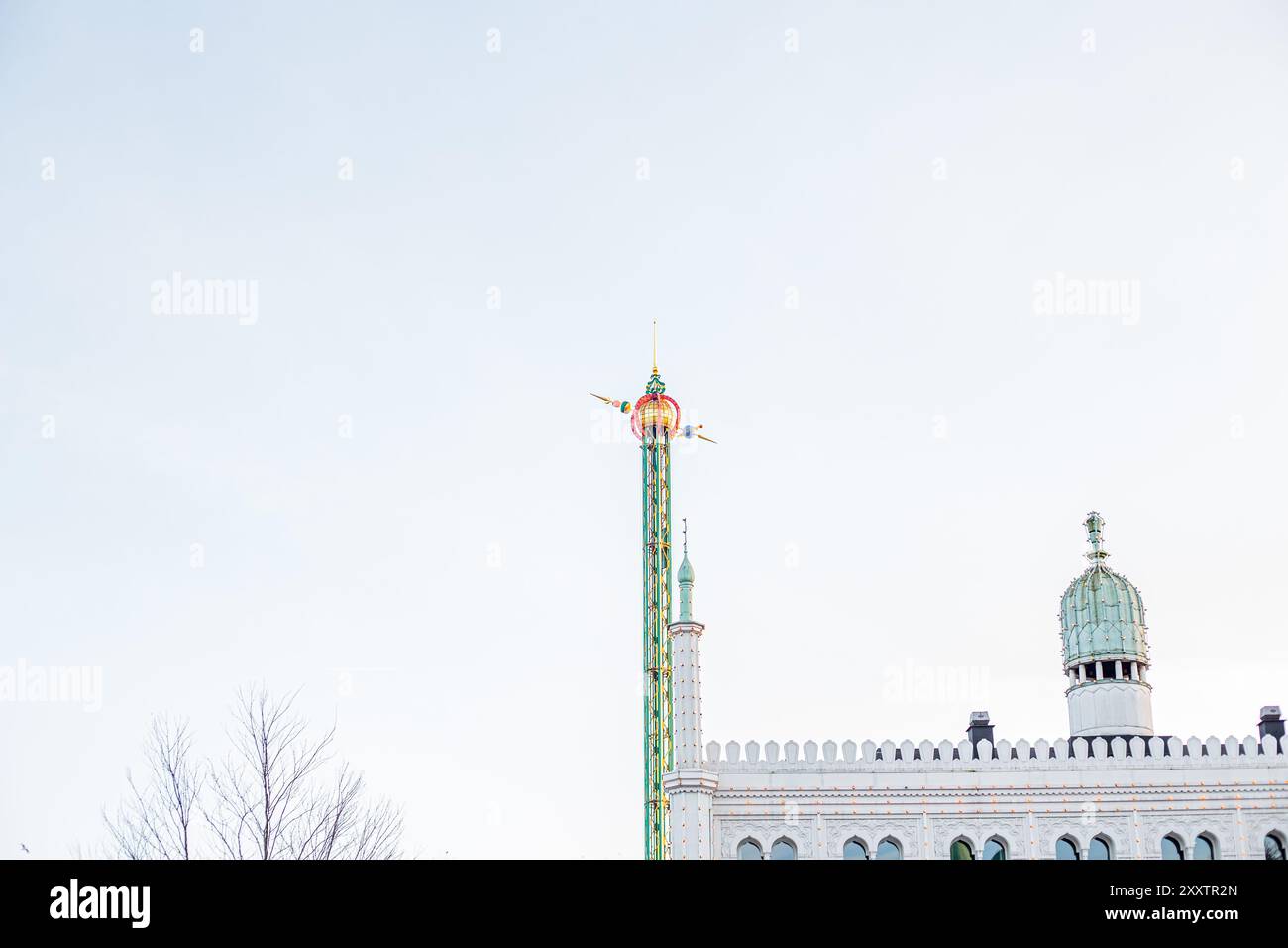 White castle and free fall tower in Tivoli, Copenhagen, Denmark Stock ...