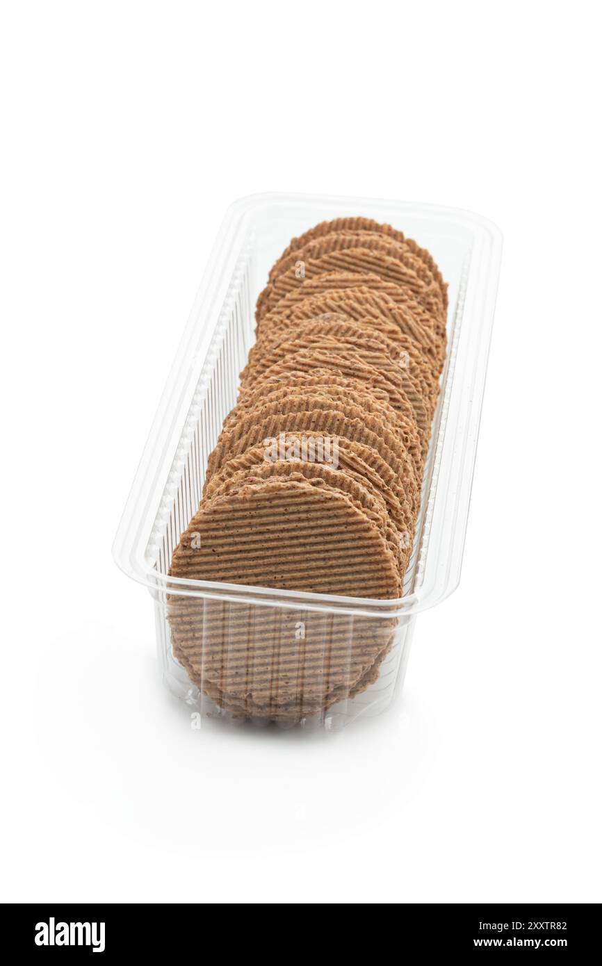 Thin round rye crispbreads in plastic pack isolated on white Stock ...