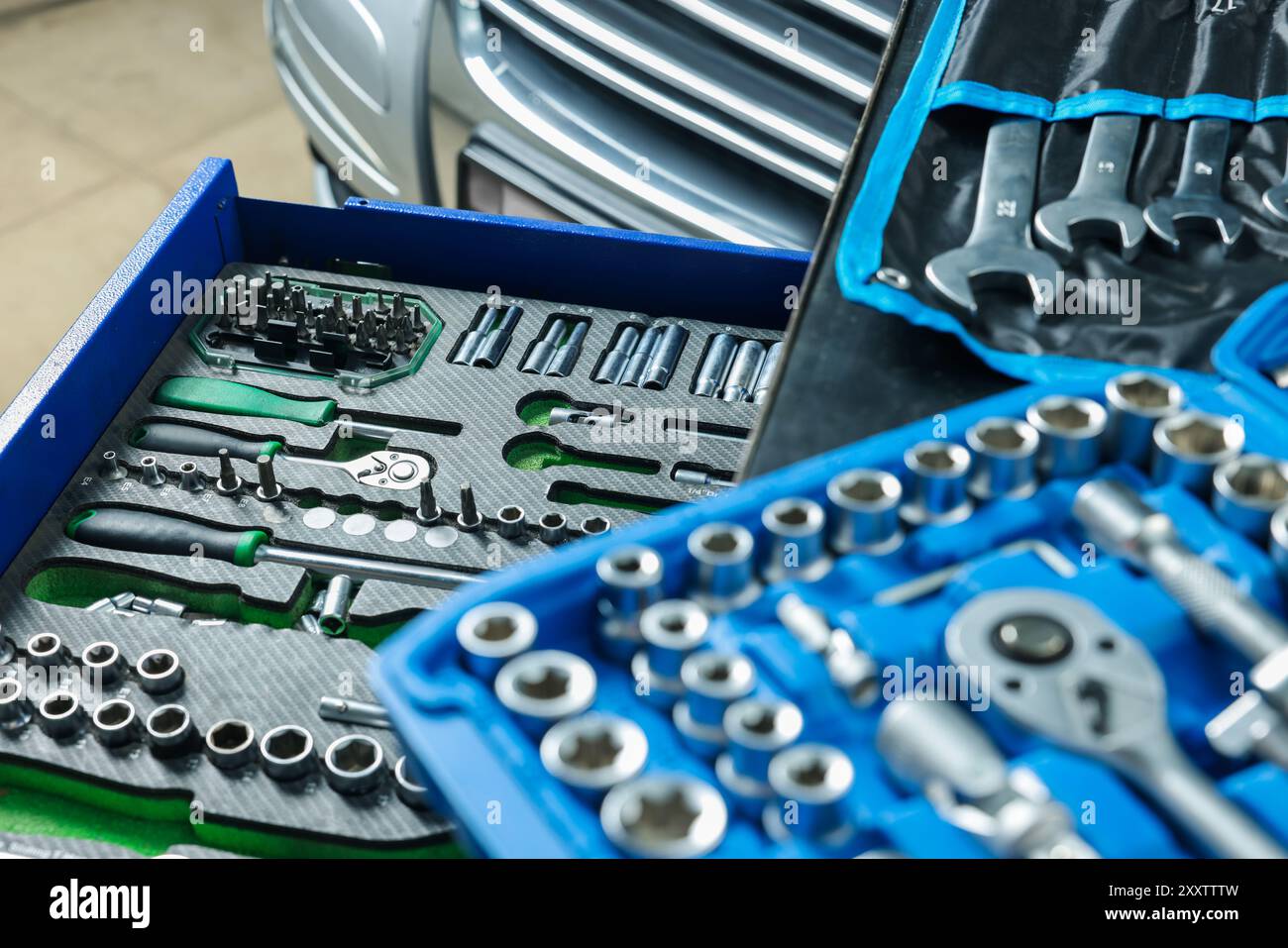 Set of different auto mechanic's tools at automobile repair shop ...