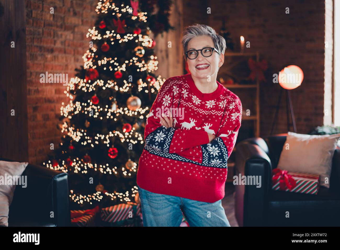 Photo of positive creative minded grandmother folded hands contemplate ...
