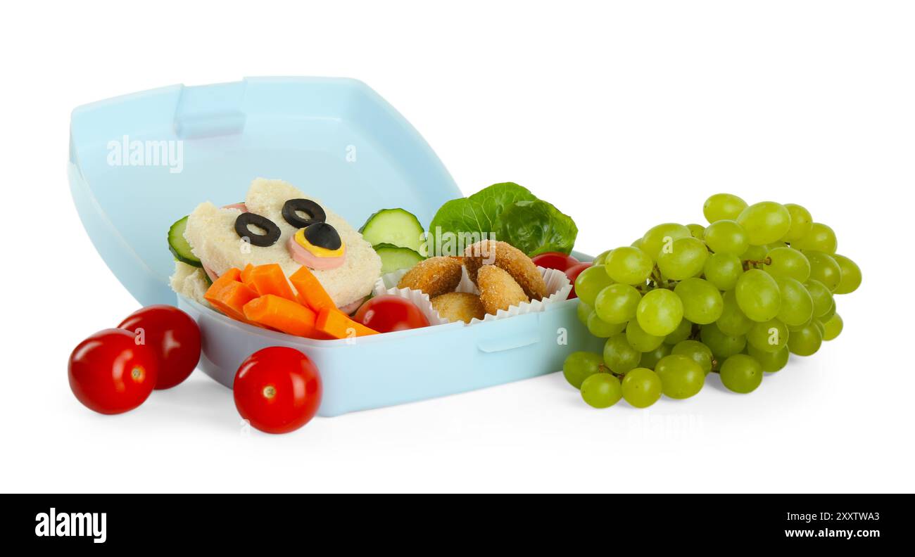Lunch box with sandwich, fresh vegetables, cookies and grapes isolated ...