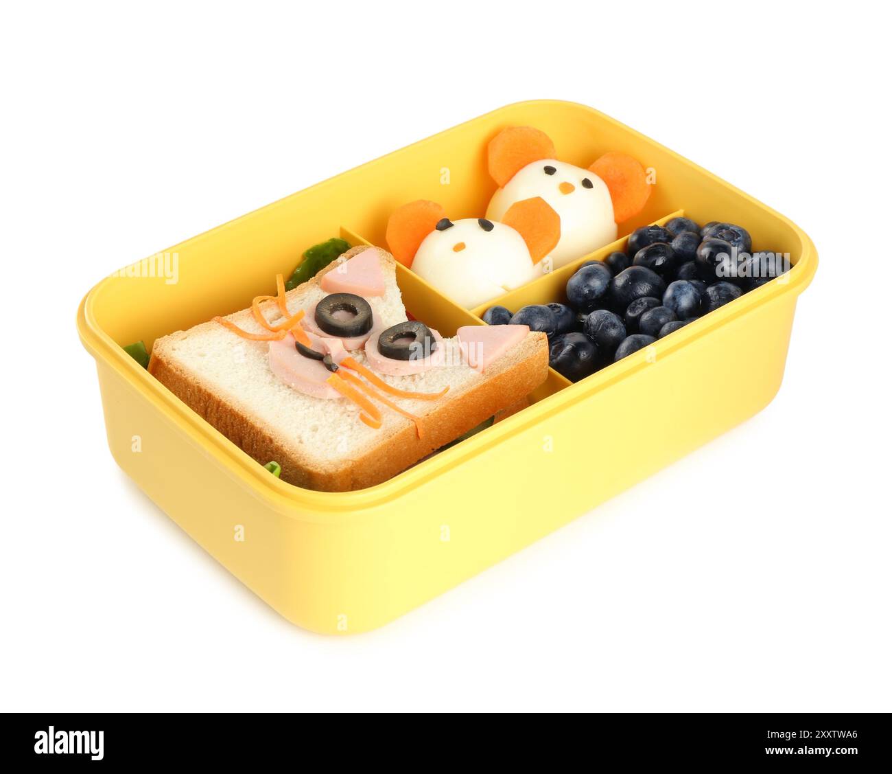 Lunch box with sandwich, eggs and blueberries isolated on white Stock ...