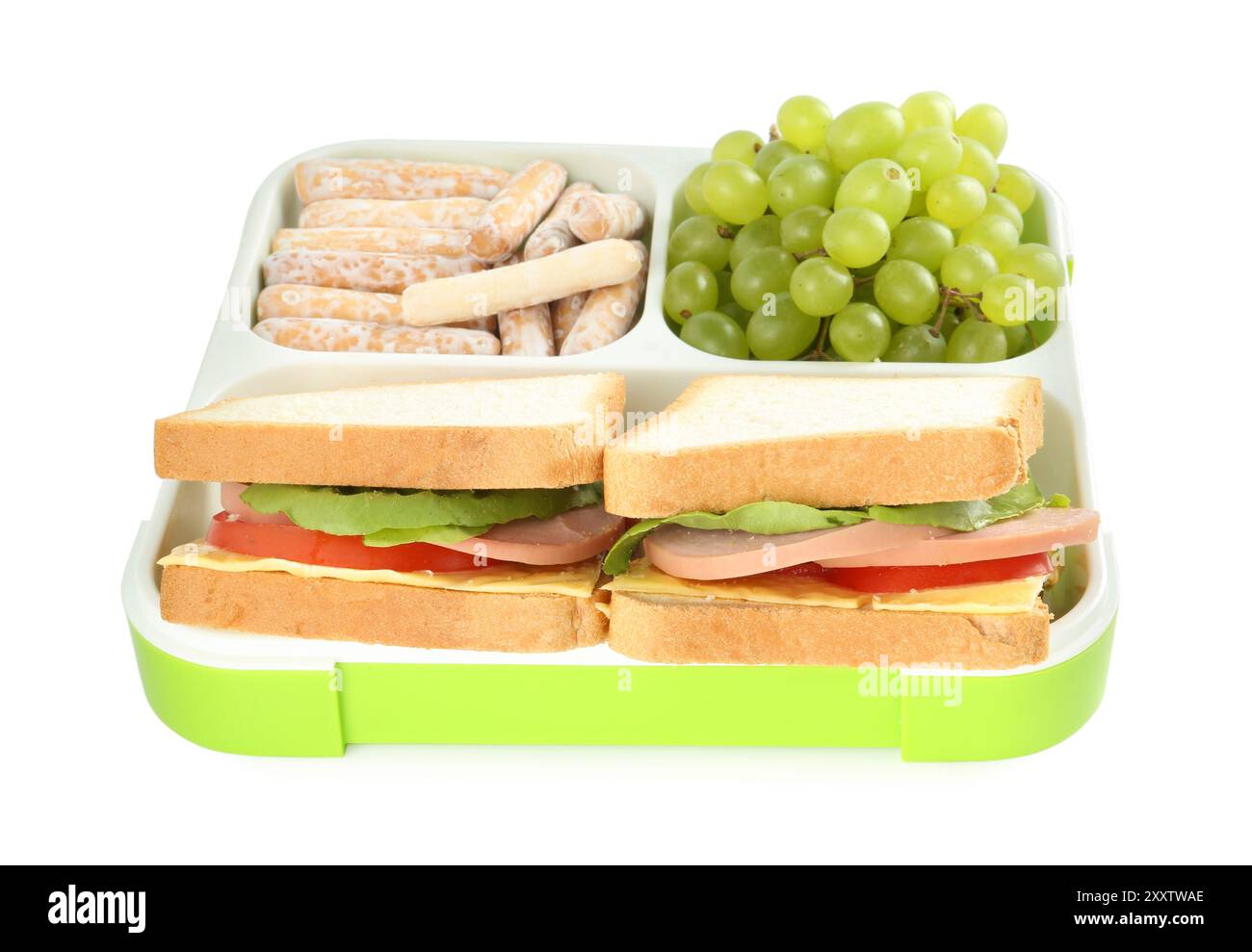 Lunch box with sandwiches, grapes and cookies isolated on white Stock ...