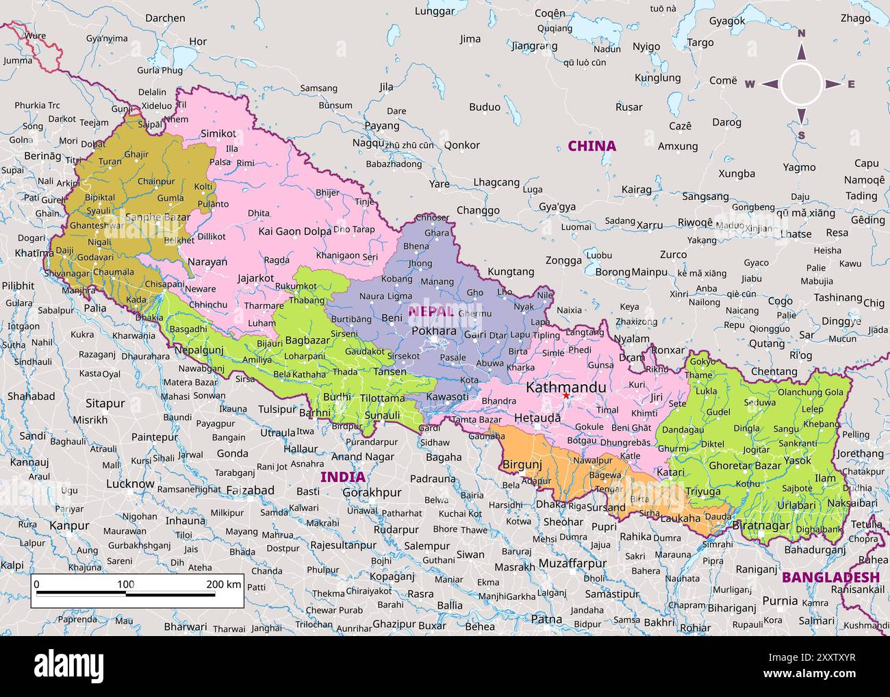Detailed political map of Nepal Stock Vector Image & Art - Alamy