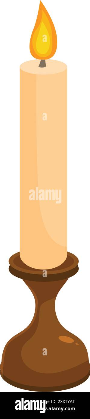 Cartoon illustration of a tall candle burning brightly in a wooden ...