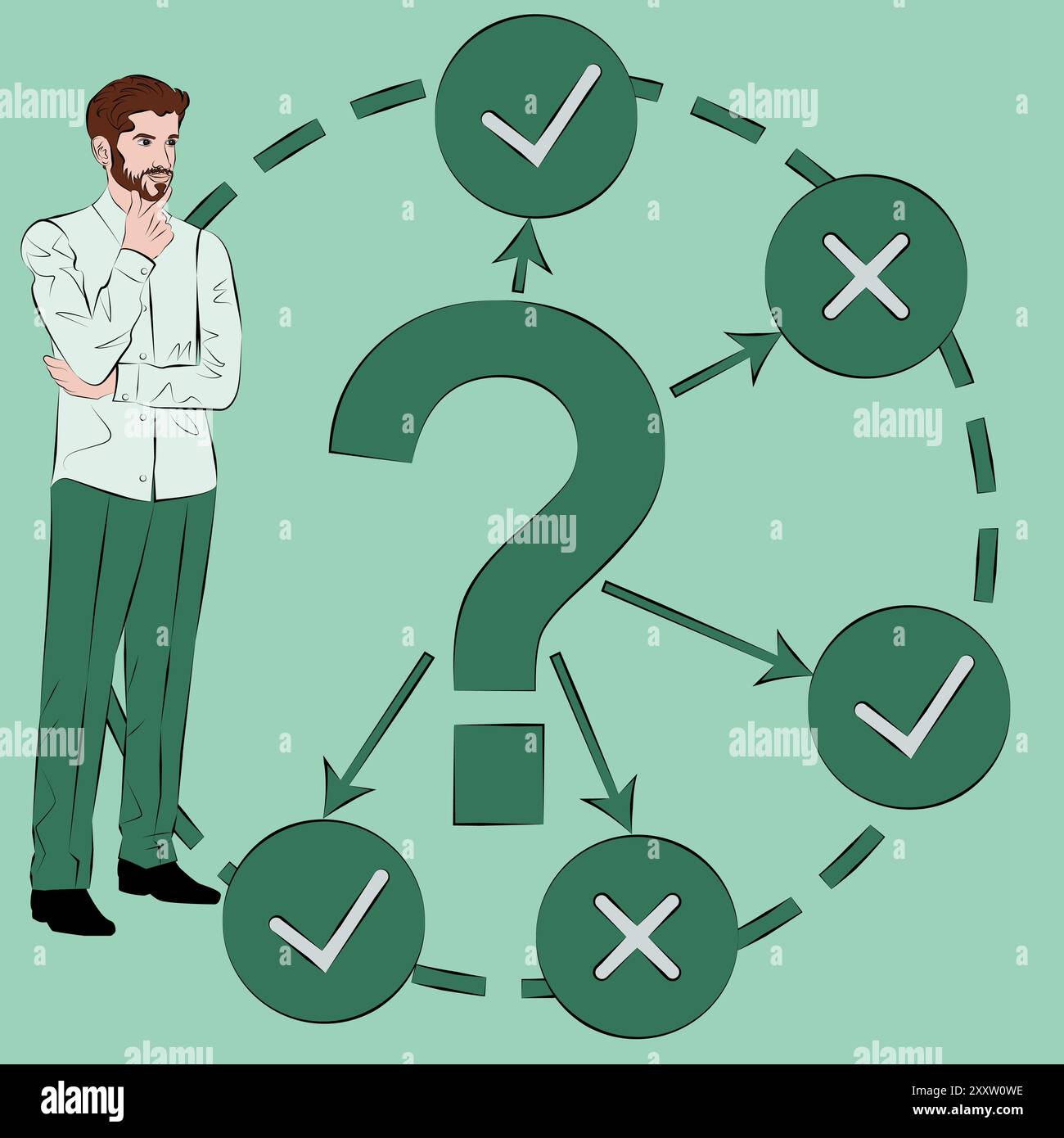 A man thinks about problems and questions during the decision-making process. Business concept ...