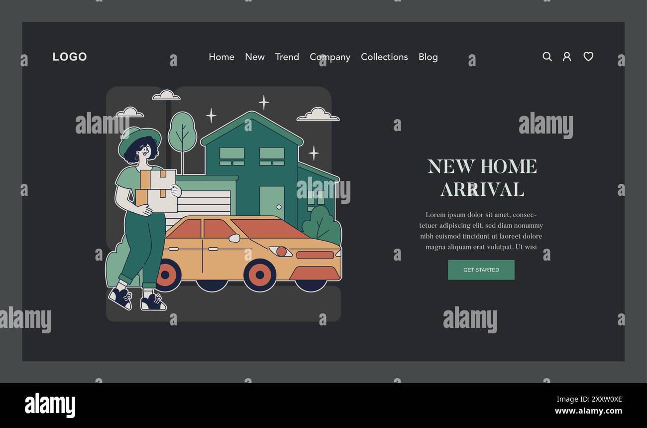 Moving Out concept. A person lifts a box towards a new house, ready to ...