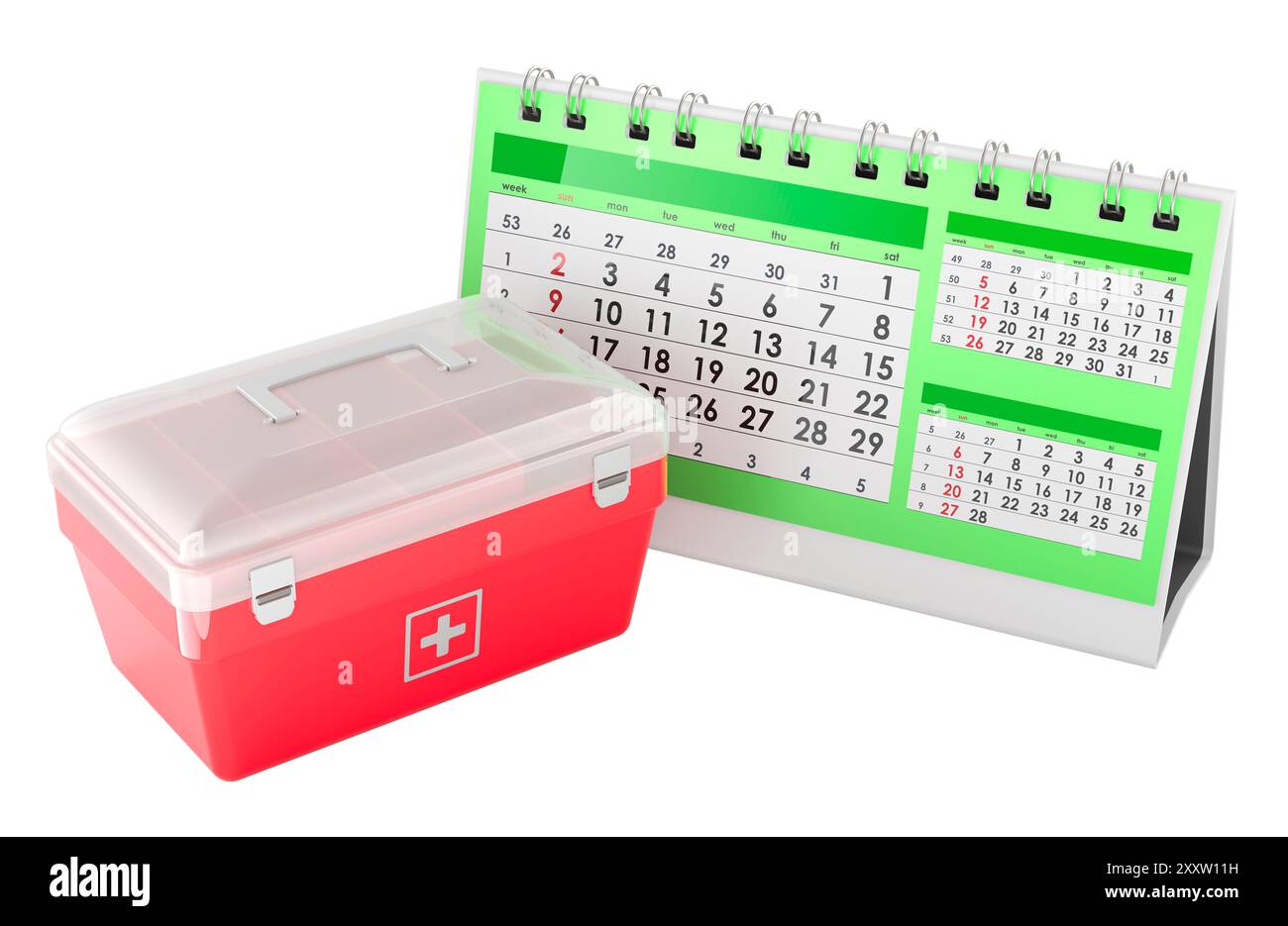 First aid kit with desk calendar. Reminder Doctor appointment, concept ...