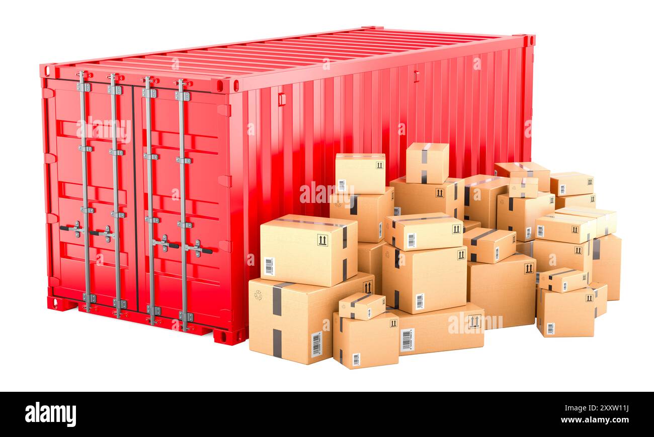 Cargo container with heap of cardboard boxes, parcels. Cargo shipping ...