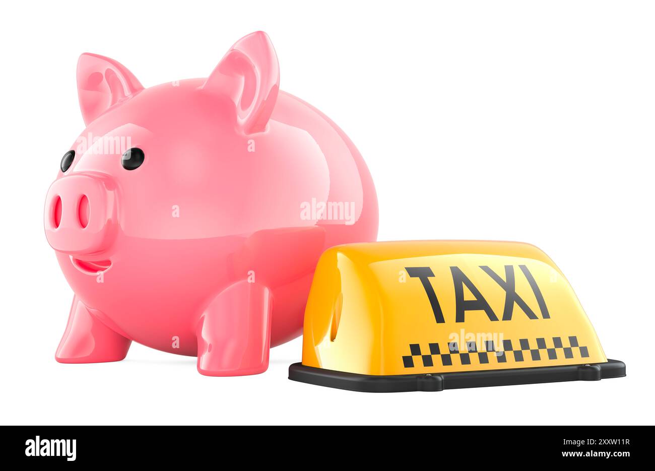 Piggy Bank with taxi car signboard, 3D rendering isolated on white ...