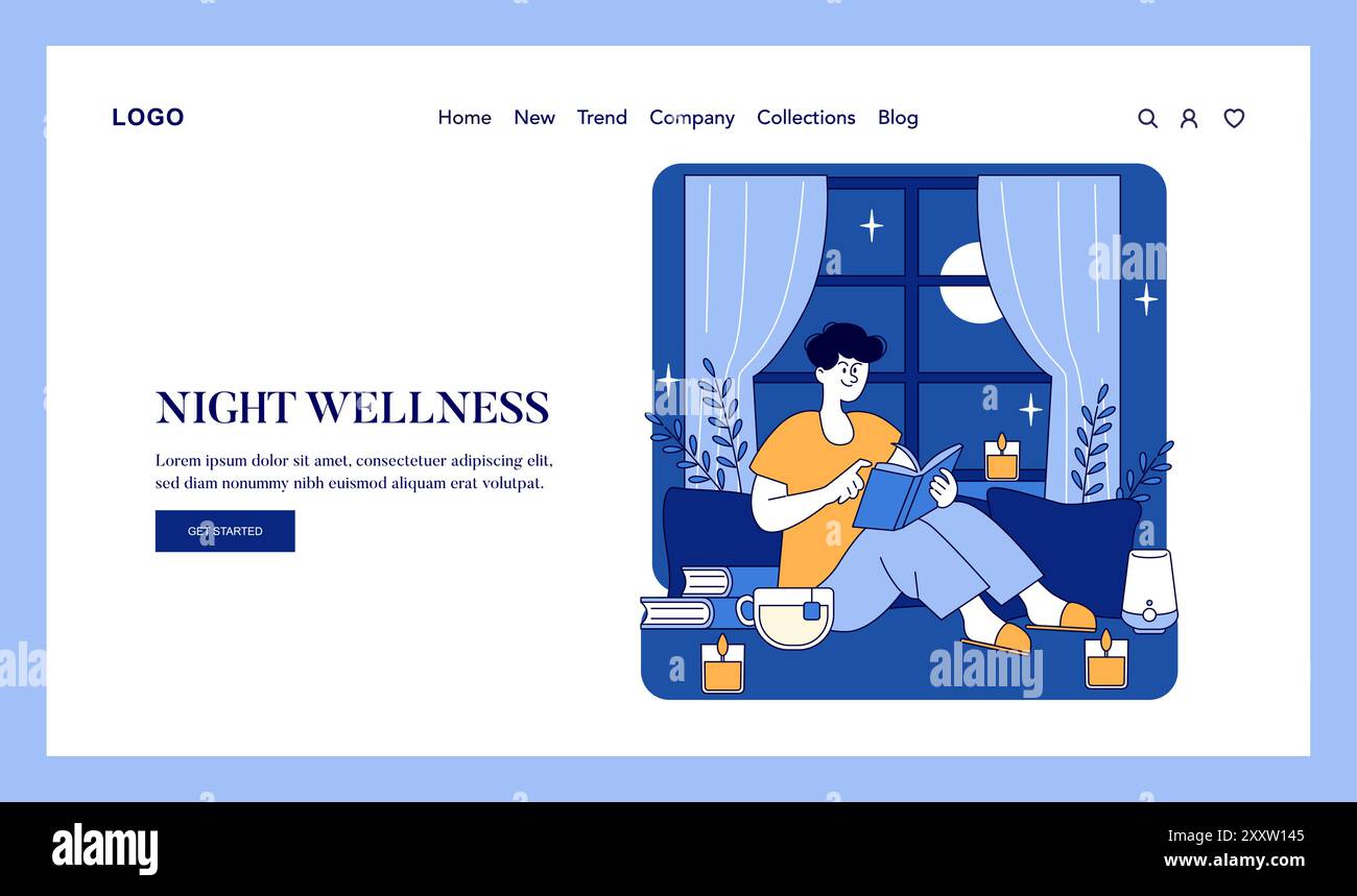 Night Wellness concept. Person relaxing at home by reading a book with ...