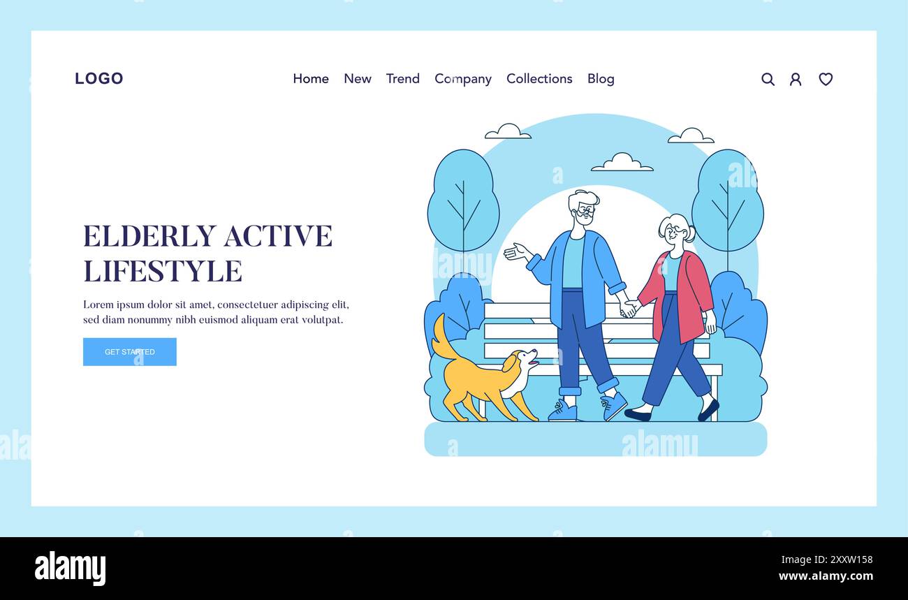 Elderly active lifestyle concept. Senior couple walking with dog in a ...
