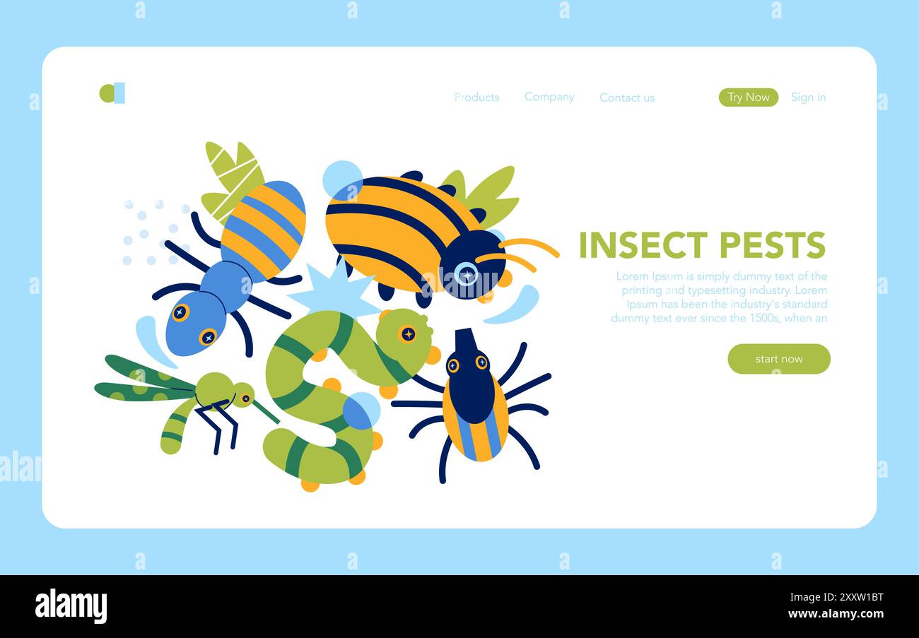 Insect pests concept. Colorful depiction of common garden bugs on a website interface promoting ...