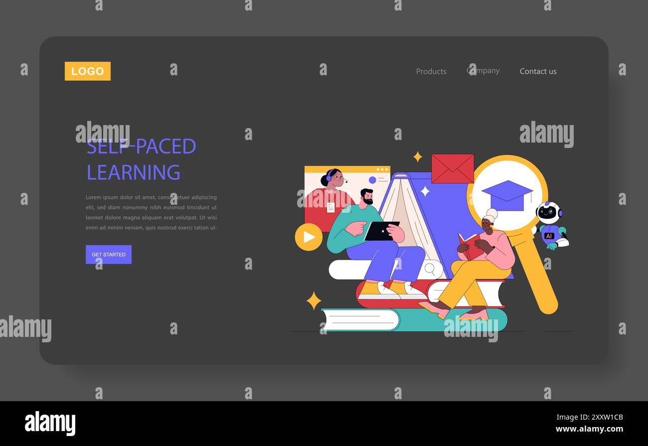 Adult Education concept. Online learning platform homepage with diverse students engaged in self ...
